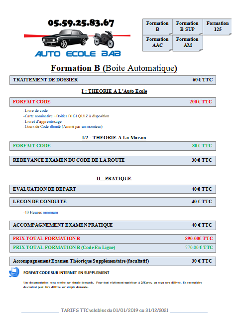 Formations et Tarifs – Auto Ecole BAB à Anglet